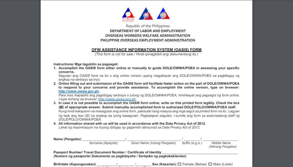 OFW Assistance Information System (OASIS) | OFW Travel Pass Online ...